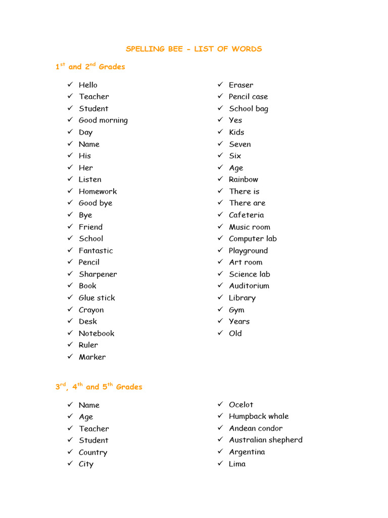 Spelling Bee - List of Words | PDF