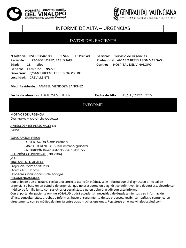 Informe de Alta | PDF