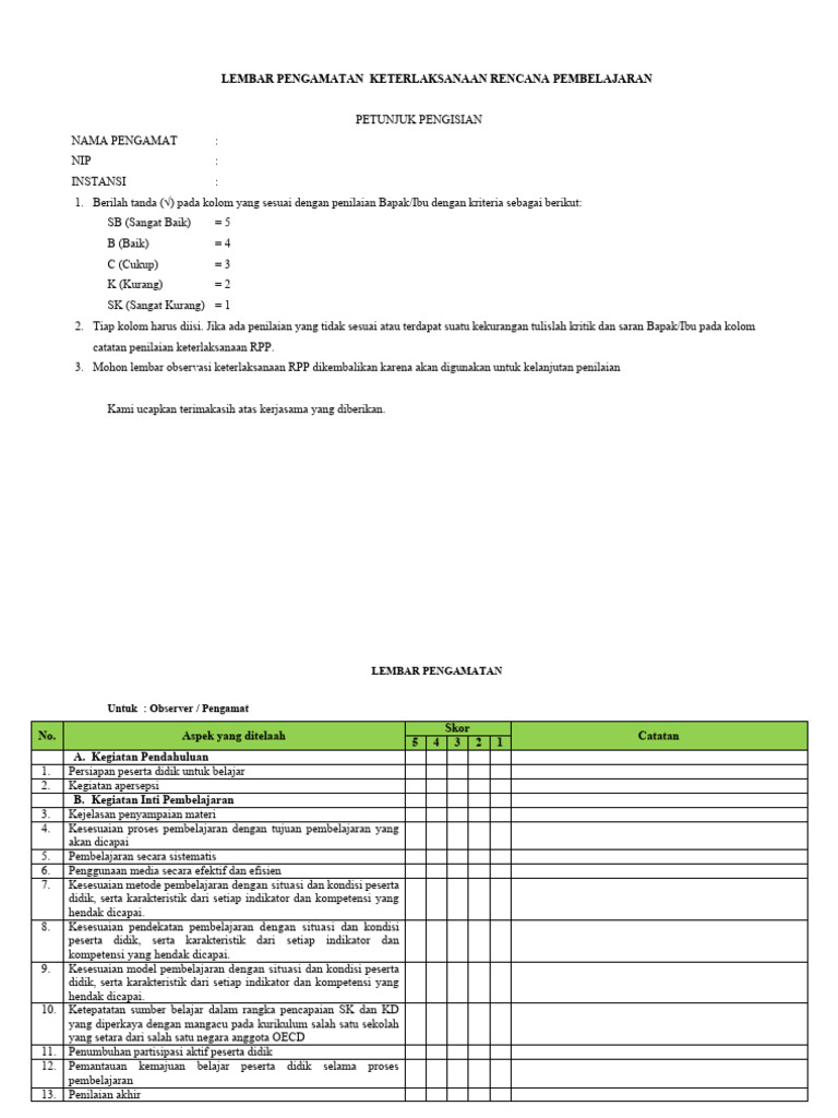 Contoh Lembar Observasi Keterlaksanaan Rencana Pembelajaran Pdf