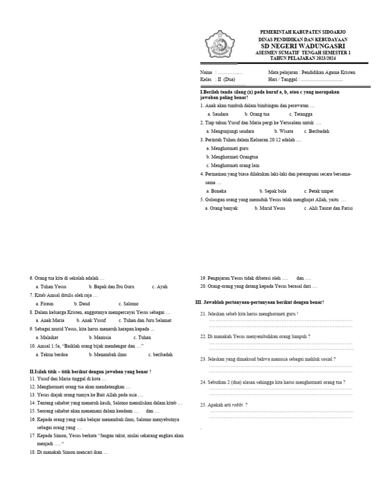 Penilaian Tengah Semester (PTS) Kelas 2 | PDF