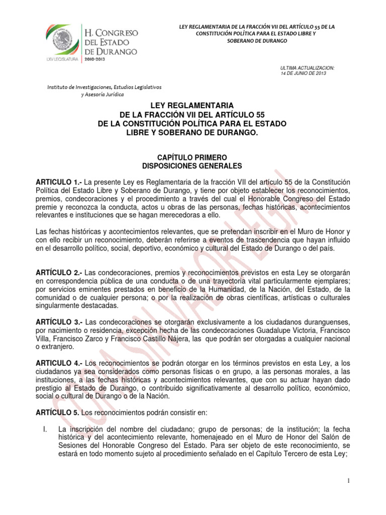 137.ley Reglamentaria de La Fraccion Vii Del Articulo 55 de La ... 137.ley Reglamentaria de La Fraccion Vii Del Articulo 55 de La ...
