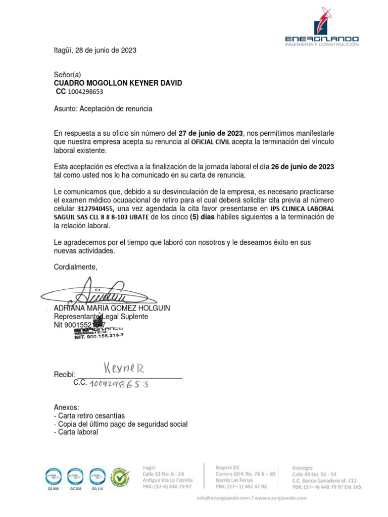 Aceptacion Cuadro Mogollon Keyner David | PDF