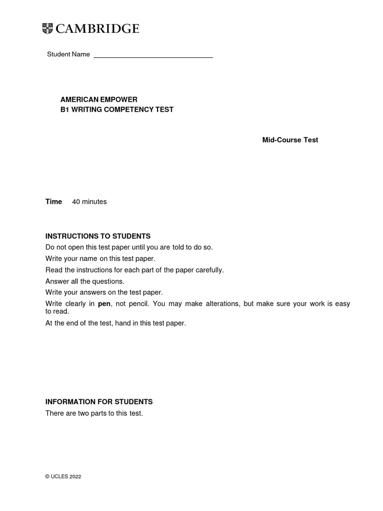 American Empower B1 Mid Course Competency Writing Test | PDF | Career ...