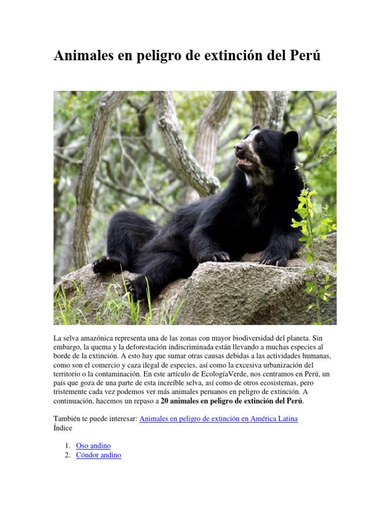 Animales en Peligro de Extinción Del Perú | PDF | Especie en peligro ...