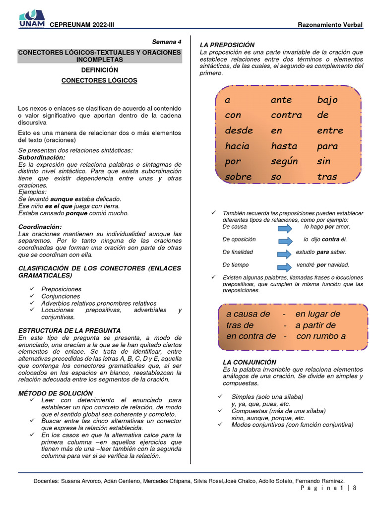 RZ Verbal Semana 4 Conectores Lógicos y Oraciones Incompletas Separata y Práctica. | PDF