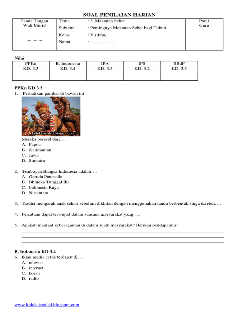 Soal Penilaian Harian Kelas 5 Tema 3 Subtema 2 | PDF Soal Penilaian Harian Kelas 5 Tema 3 Subtema 2 | PDF