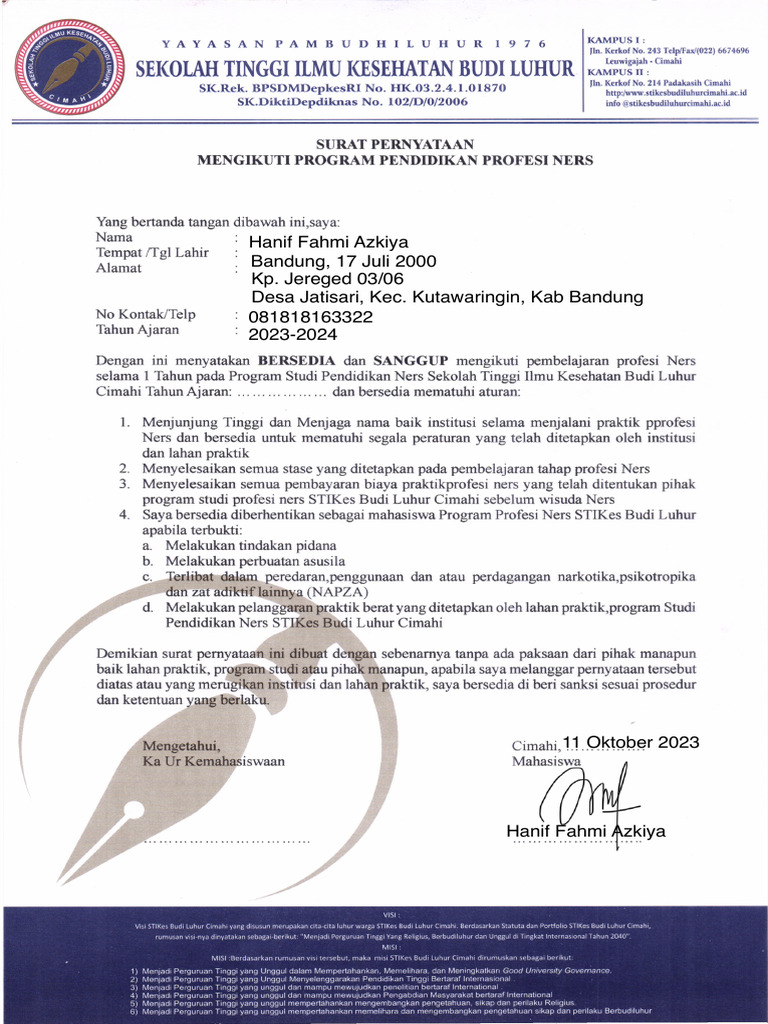 Form Surat Pernyataan Mengikuti Ners | PDF