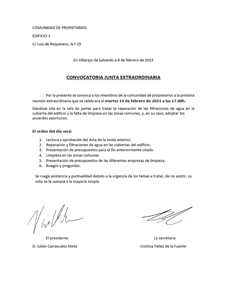 Convocatoria Junta Extraordinaria Propietarios Pdf