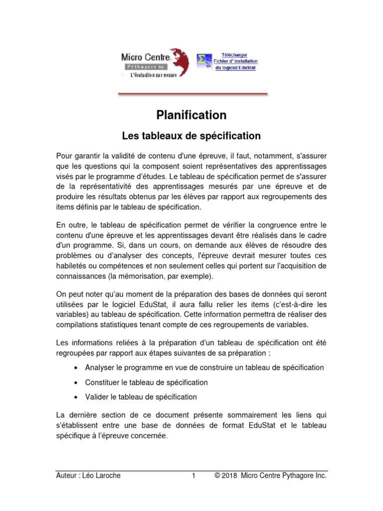 Planification. Les tableaux de spécification | PDF
