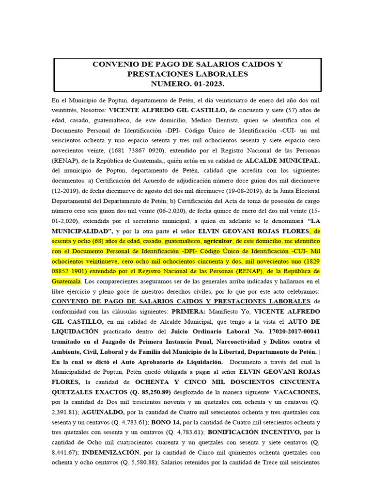 CONVENIO DE PAGO Elvin Rojas | PDF | Guatemala | Gobierno