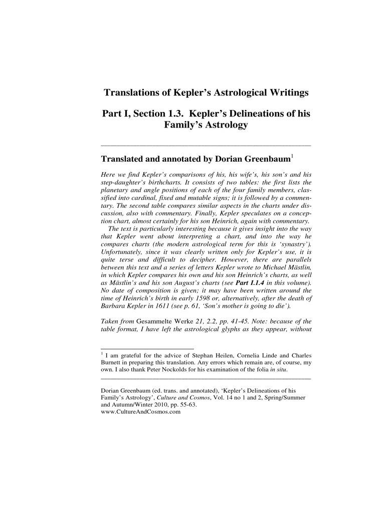 Part 1 - Section 1.3 - Kepler's Delineation of His Family's Astrology | PDF