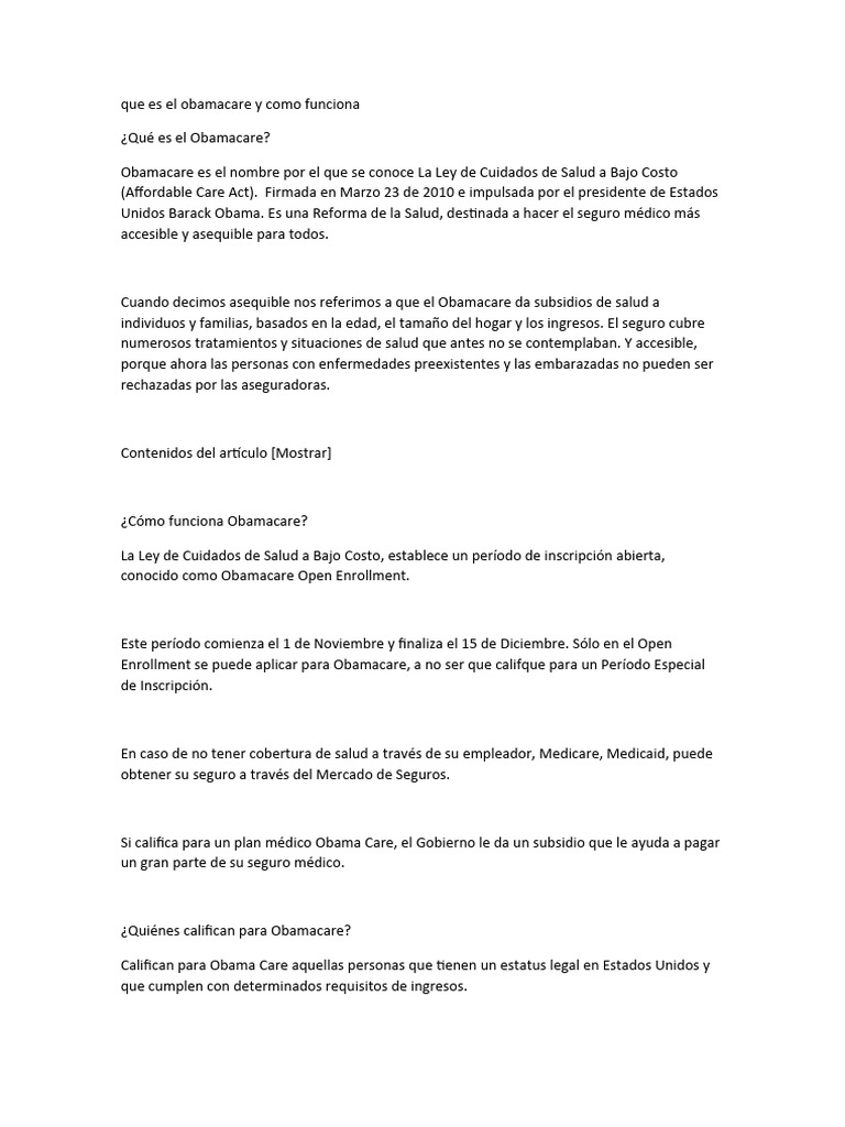 Que Es El Obamacare Y Como Funciona Pdf Medicare Estados Unidos