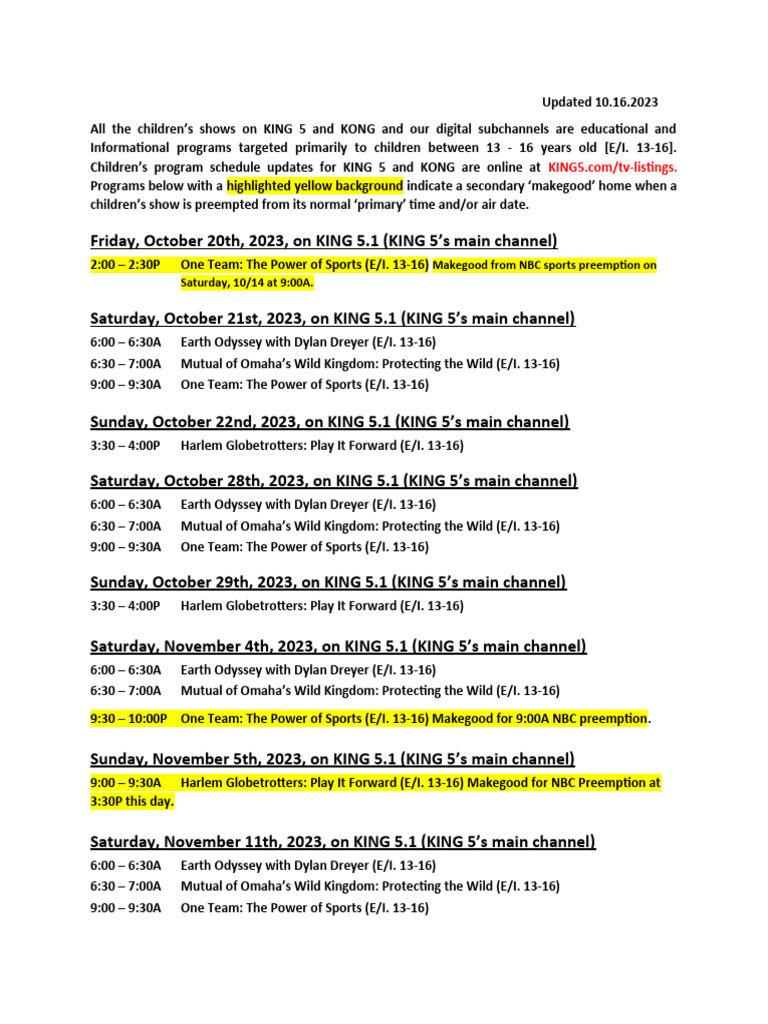 KING 5 Kids Program Summary Rev Oct 16 - 2023 | PDF | History | Young Adult