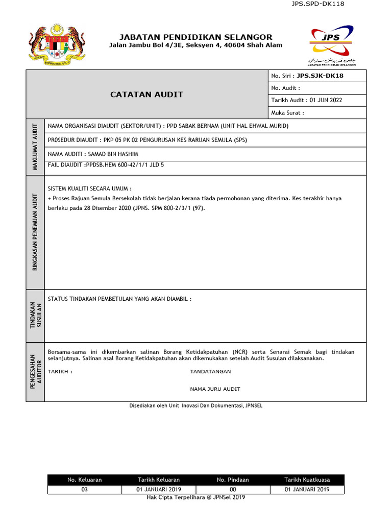 Jps - sjk-dk18 Catatan Audit SB PKP 05 PK 02 Pengurusan Kes Raruan Semula (SPS) | PDF