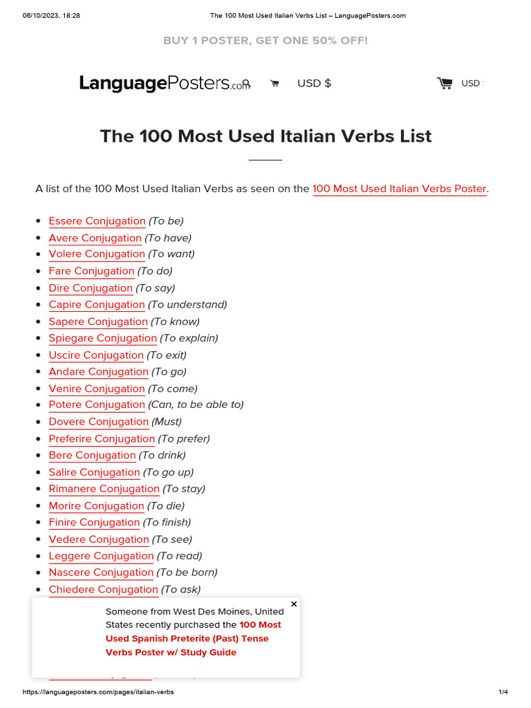 100 Most Used Italian Verbs List | PDF | Grammatical Conjugation ...