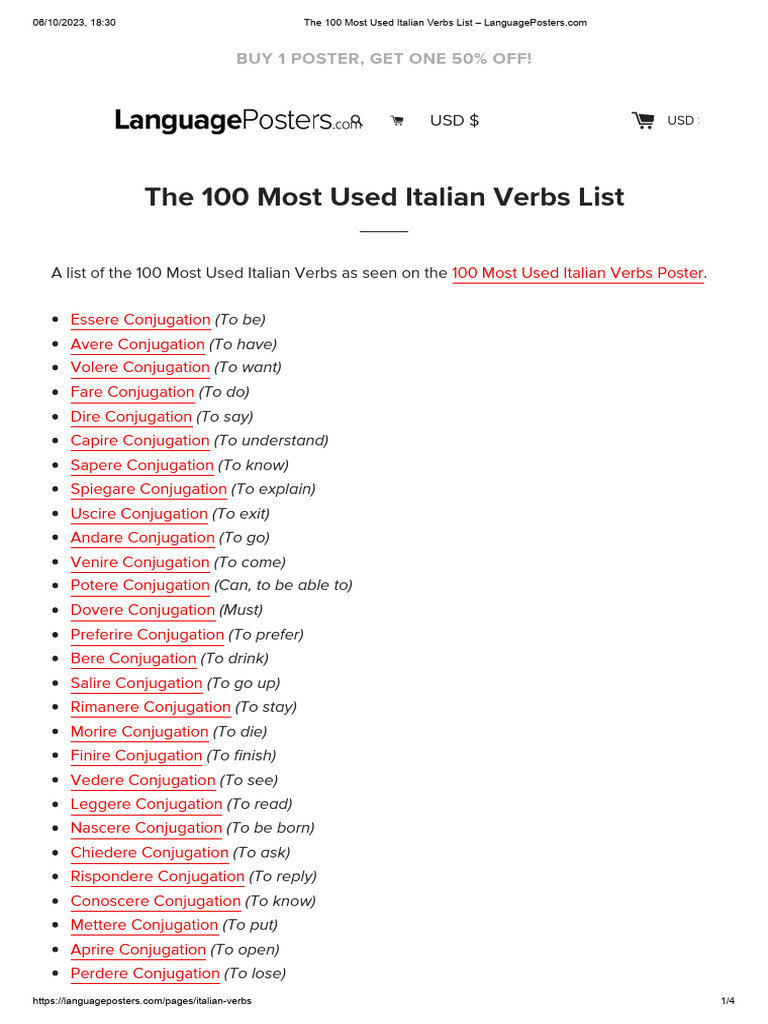 100 Most Used Italian Verbs List | PDF | Grammatical Conjugation ...