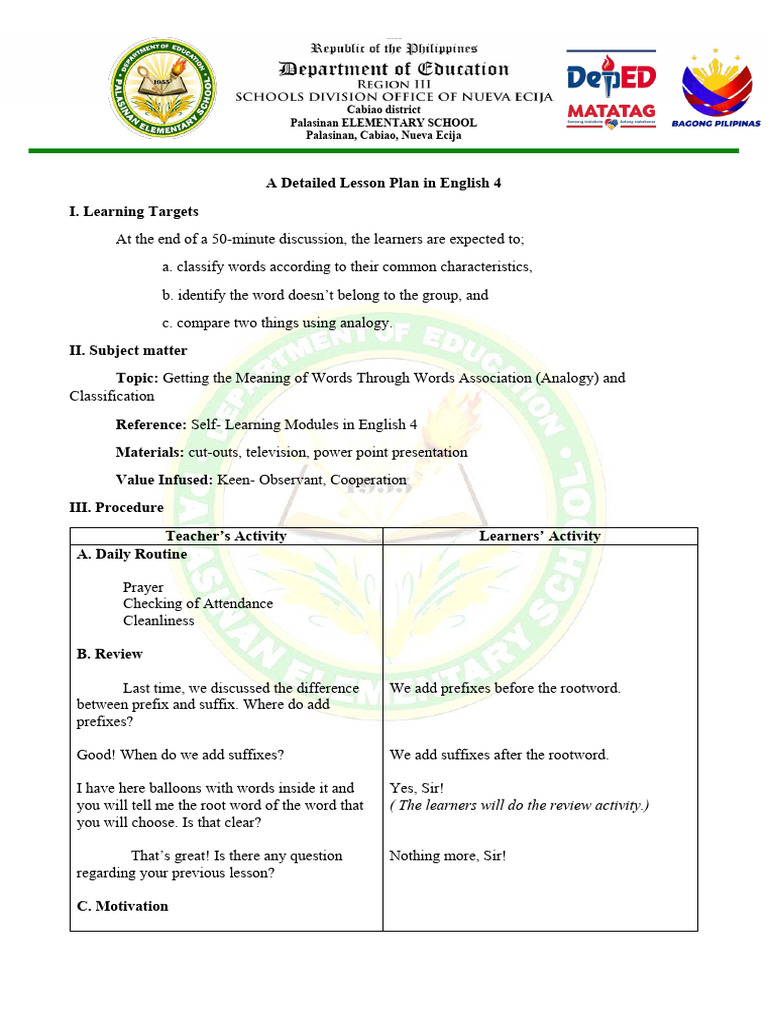 COT 1 A Detailed Lesson Plan in ENGLISH 4 | PDF | Lesson Plan | Analogy
