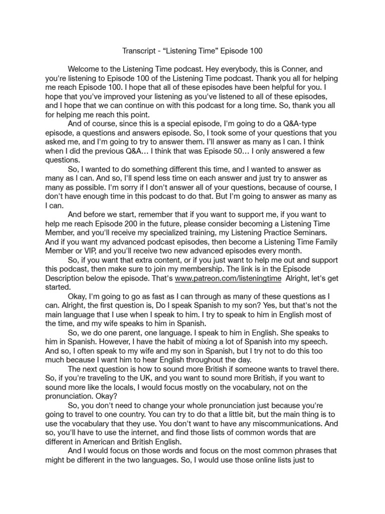 Episode 100 Transcript - Listening Time | PDF | English Language | Vocabulary