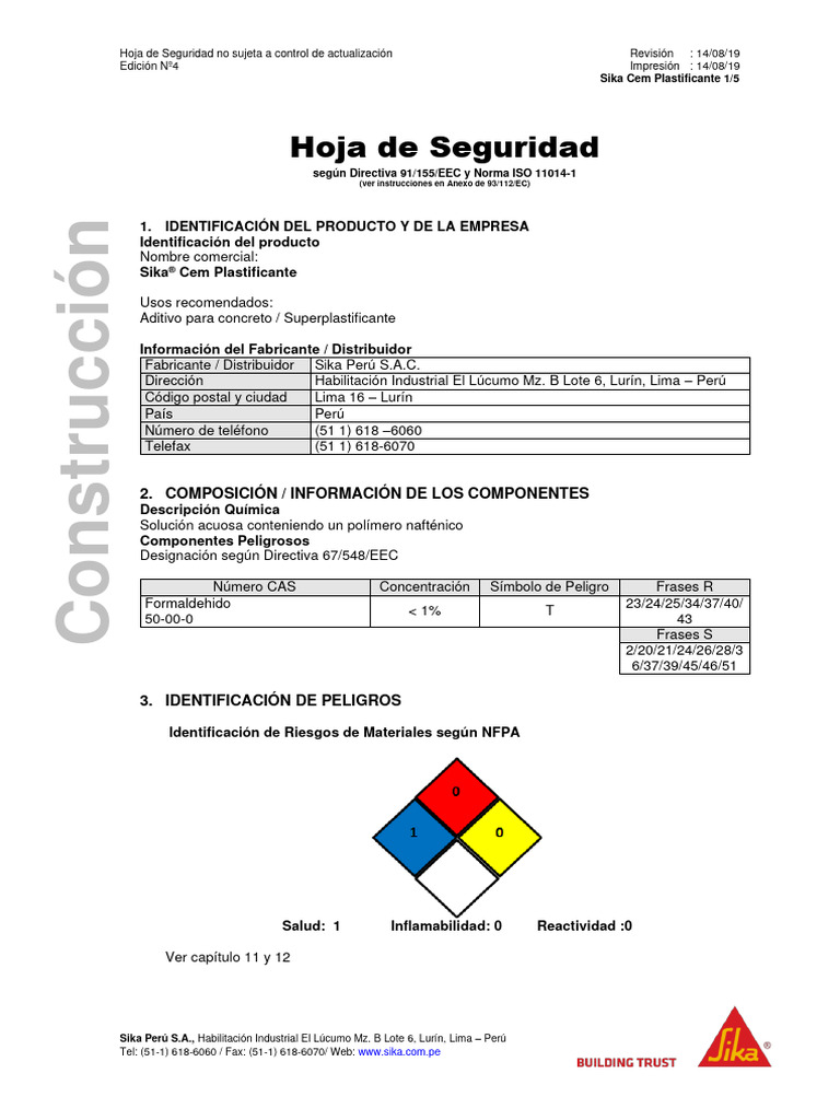 MSDS - Sika Cem Plastificante | PDF | Mercancías peligrosas | Residuos