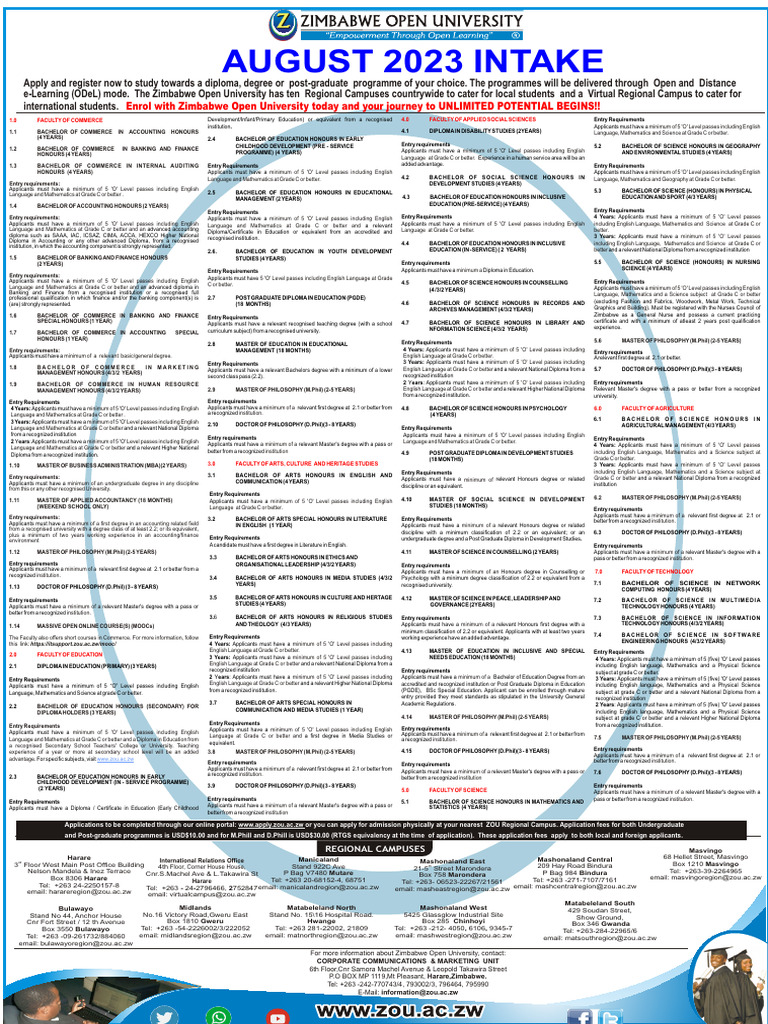 ZOU AUGUST 2023 Intake Advert | PDF | Academic Degree | Bachelor's Degree