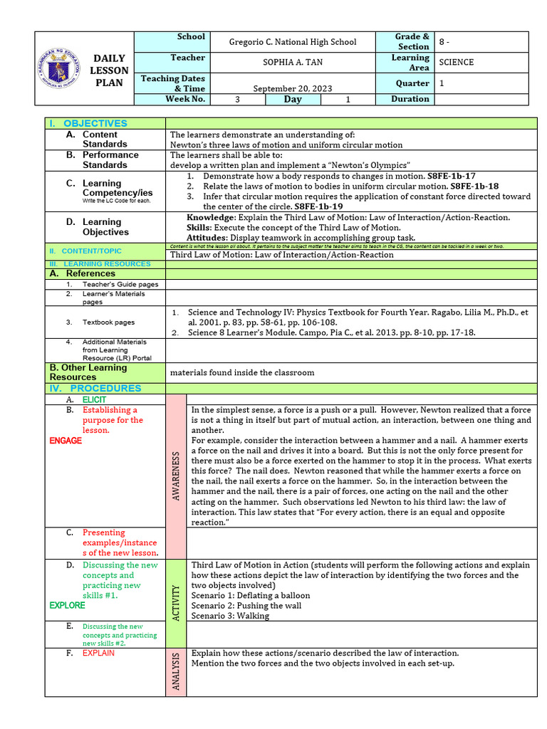 Science 8 DLP Q1W3D1 | PDF | Force | Learning