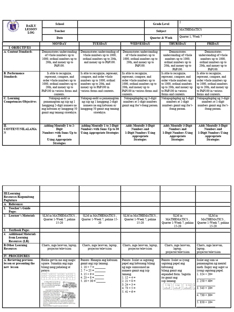 Grade 2 DLL Week 7 Mathematics | PDF