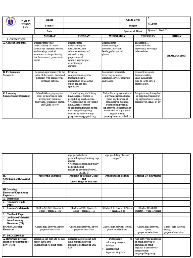 Grade 2 DLL Week 7 Mapeh | PDF