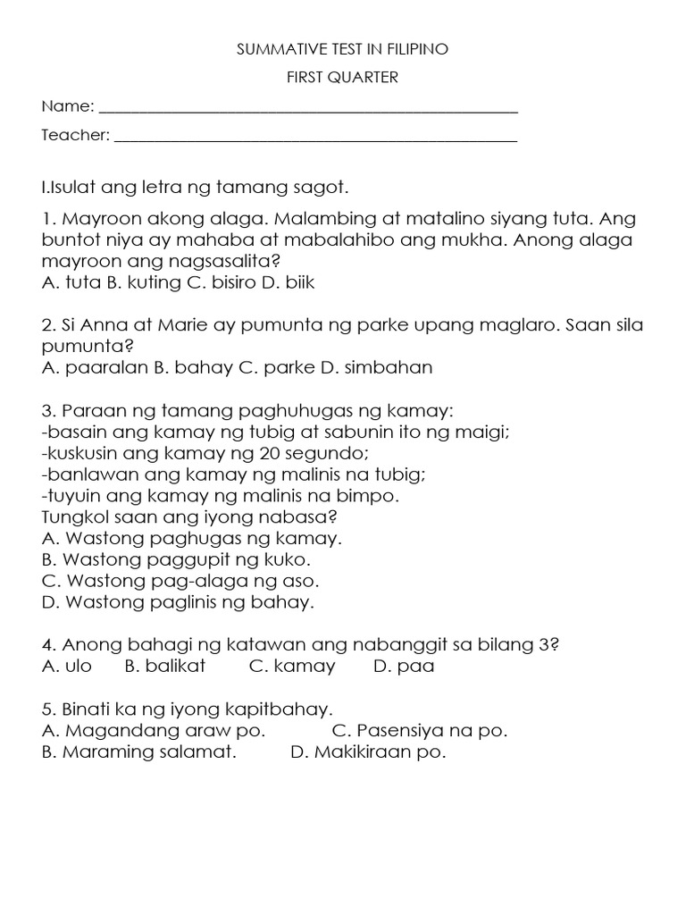 Summative Test in Filipino | PDF