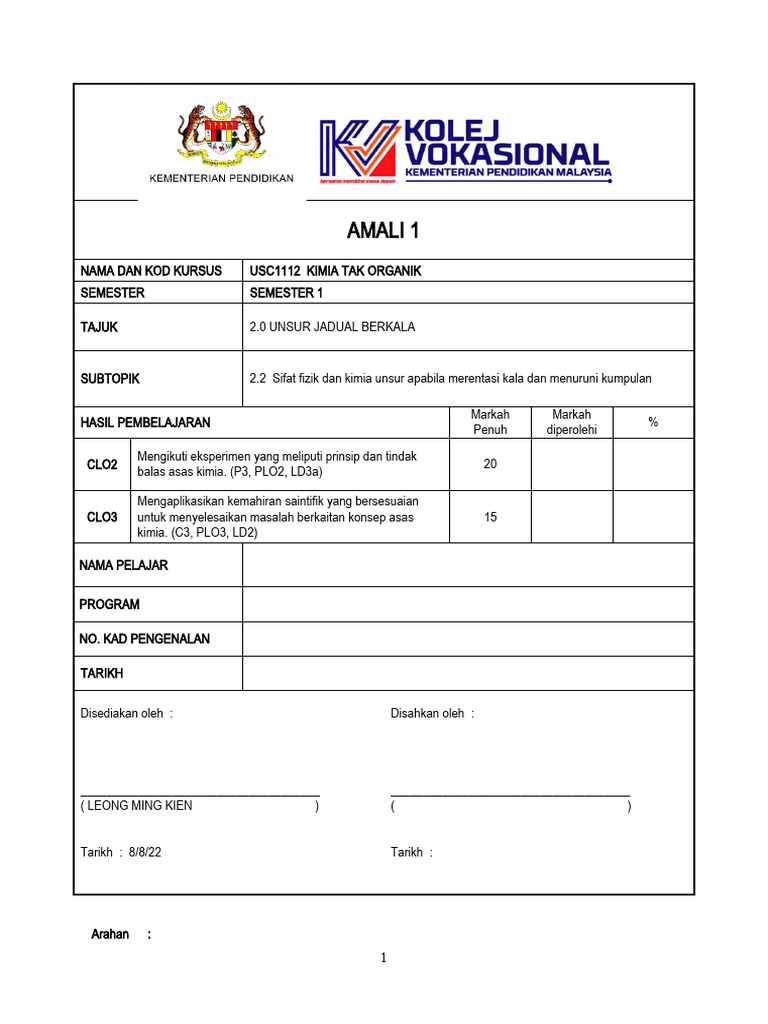 Amali 2.2 Sifat Kimia Kump 1 | PDF