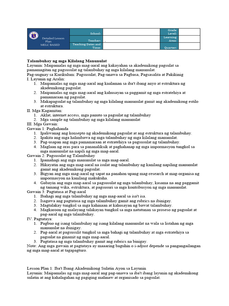 Filipino Sa Piling Larang (Akademik) q1 DLP (1) | PDF