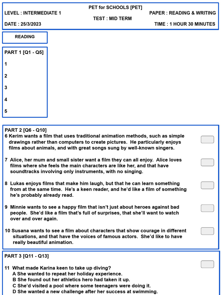 Intermediate Reading Comprehension Test | PDF