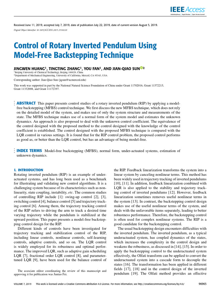 Control of Rotary Inverted Pendulum Using Model-Free Backstepping Technique | PDF | Control ...