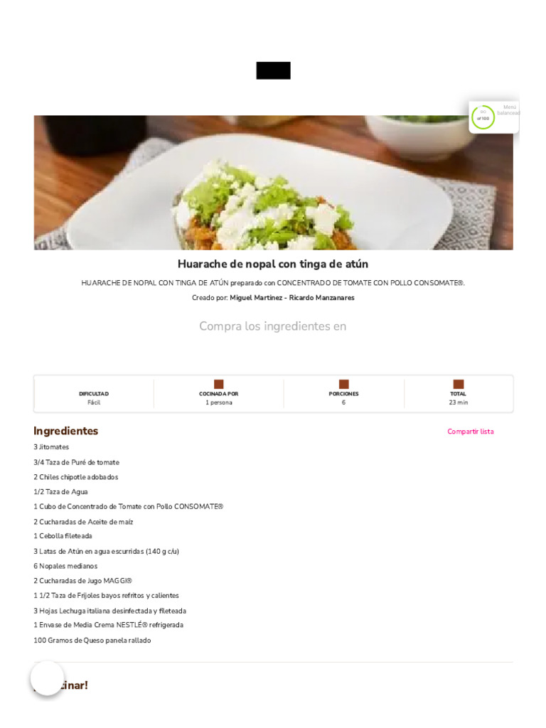 Huarache de Nopal Con Tinga de Atún - Recetas Nestlé | PDF | Comida y ...