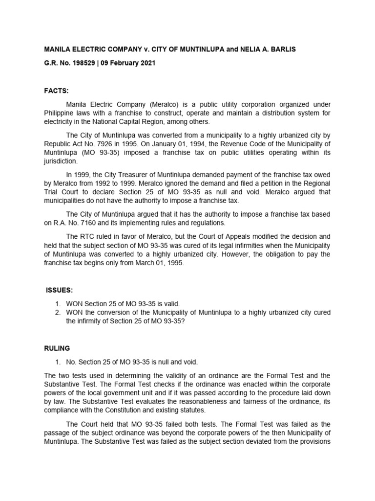 Case No. 98 Meralco V City of Muntinlupa | PDF | Taxes | Local Ordinance