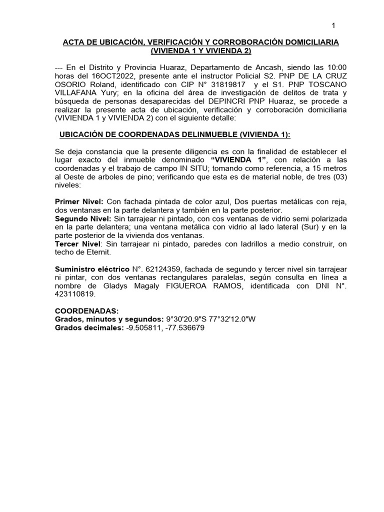 C Acta de Ubicación, Verificación y Corroboracion Domiciliaria Yury ...