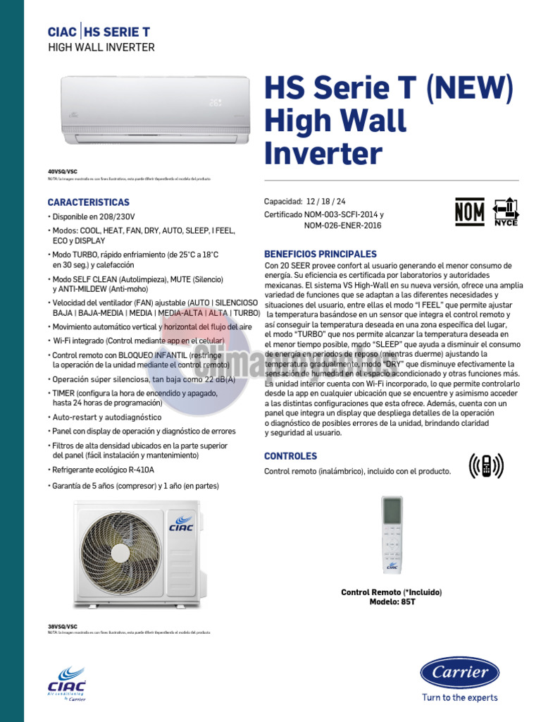 Ficha Tecnica Minisplit Hs Serie T Inverter CIAC Carrier HVAC ...