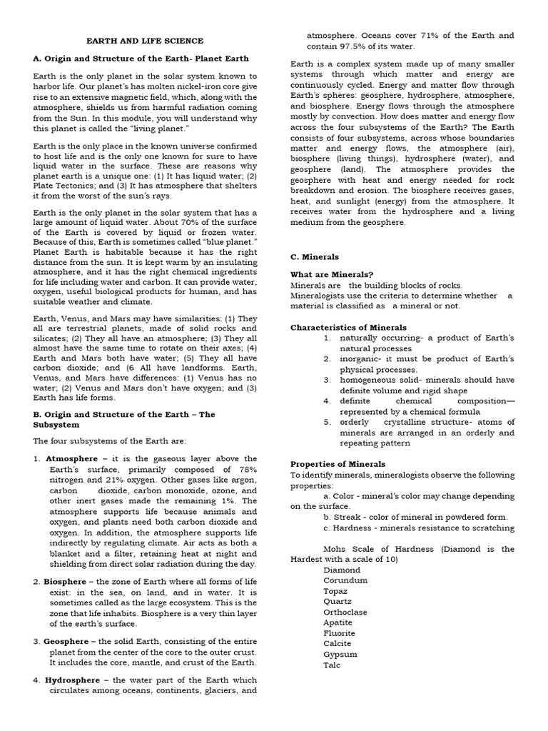 EARTH AND LIFE SCIENCE Handouts | PDF