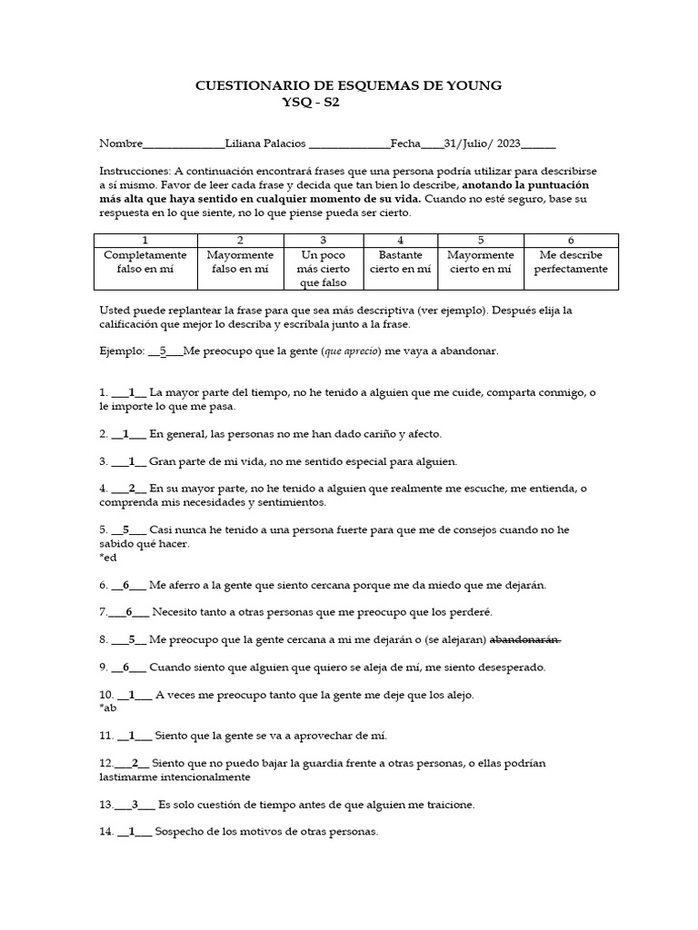 Cuestionario de Esquemas de Young Ysq - S2 | PDF