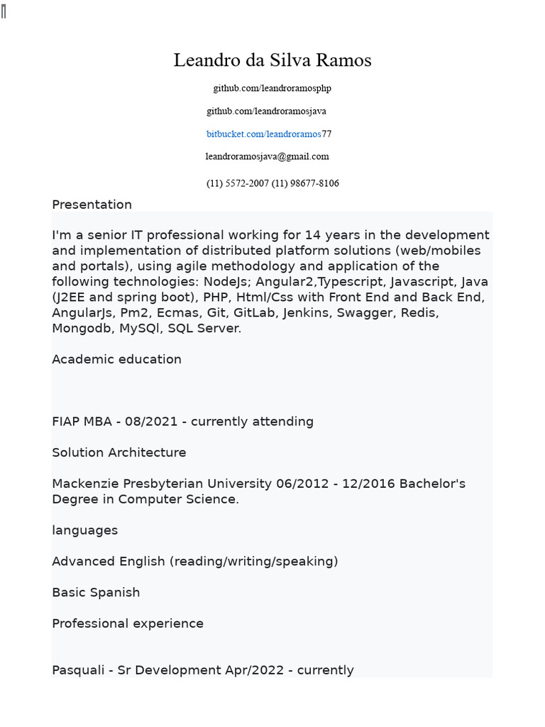 CV Leandro nodeJS English | PDF | Angular Js | Java Script