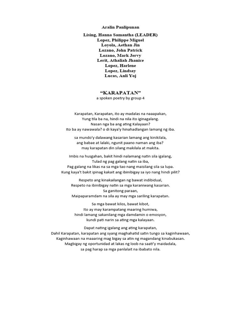 Karapatan Spoken Poetry Group 4 | PDF
