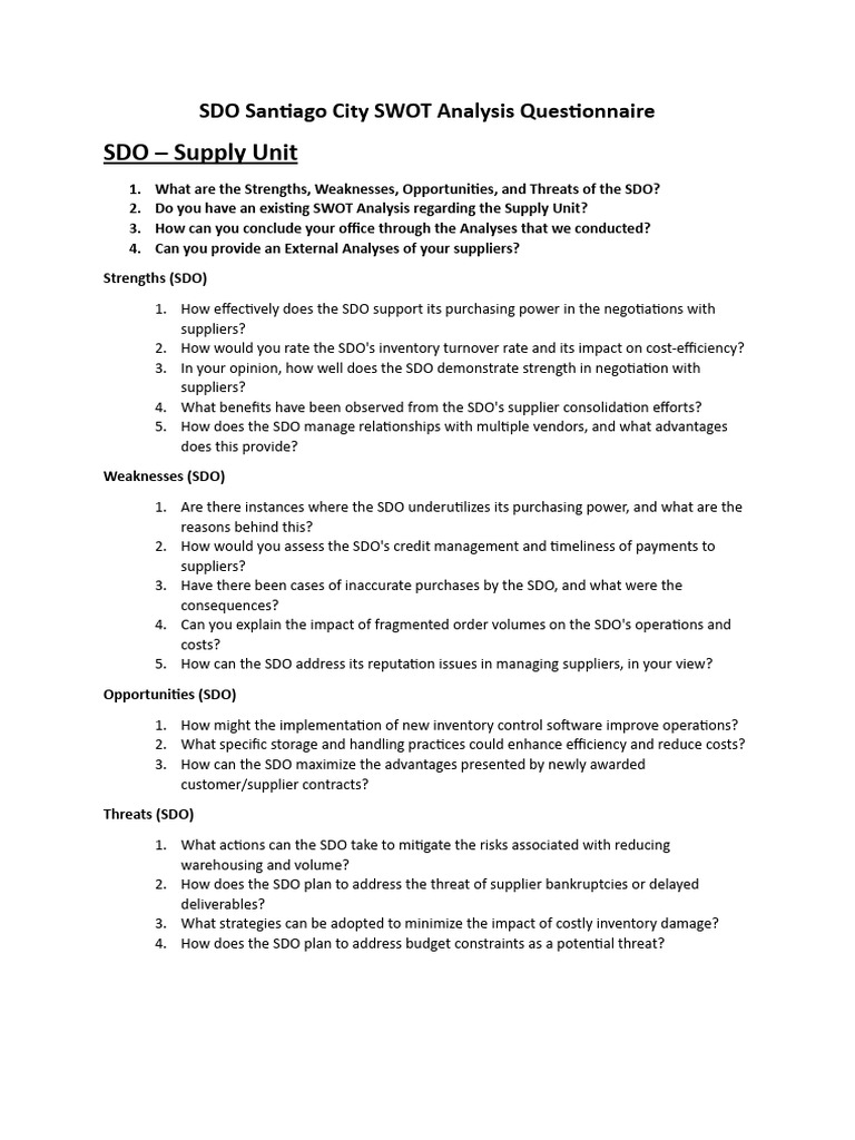 SDO Santiago City SWOT Analysis Guide | PDF | Supply Chain | Swot Analysis
