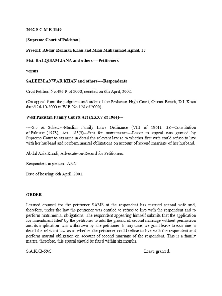 Session 24 - 25 Balqisam Jana v. Saleem Anwar Khan, 2002 SCMR 1149 | PDF