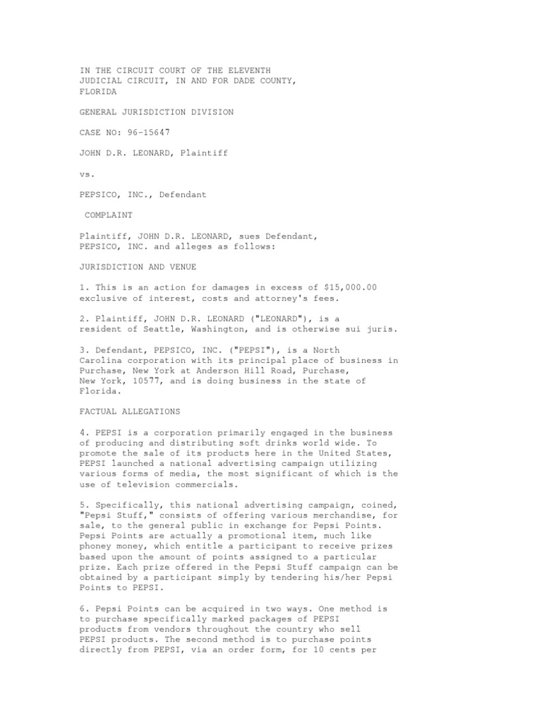 Leonard V Pepsi Complaint | Download Free PDF | Damages | Breach Of ...