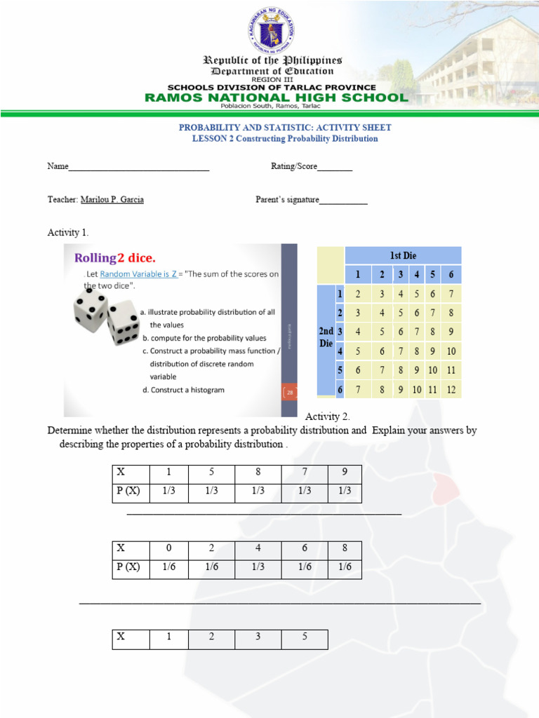 Activity Sheet - Statistics and Probability Lesson 2 | PDF | Probability Distribution | Random ...