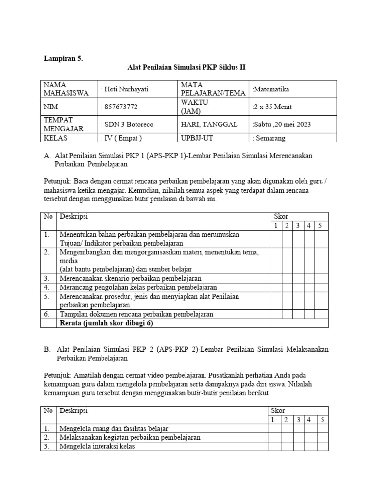 Lampiran 5. ALAT PENILAIAN SIMULASI PKP Siklus 2 | PDF