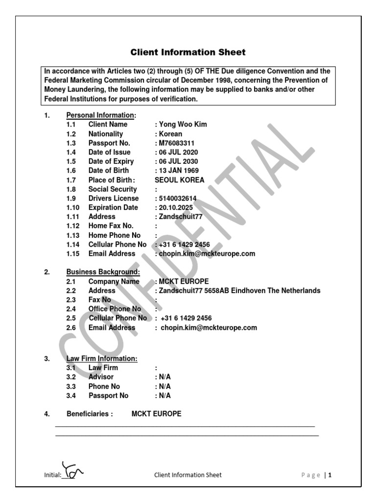 1 .Client Info Sheet YW KIM | PDF | Money Laundering | Service Industries