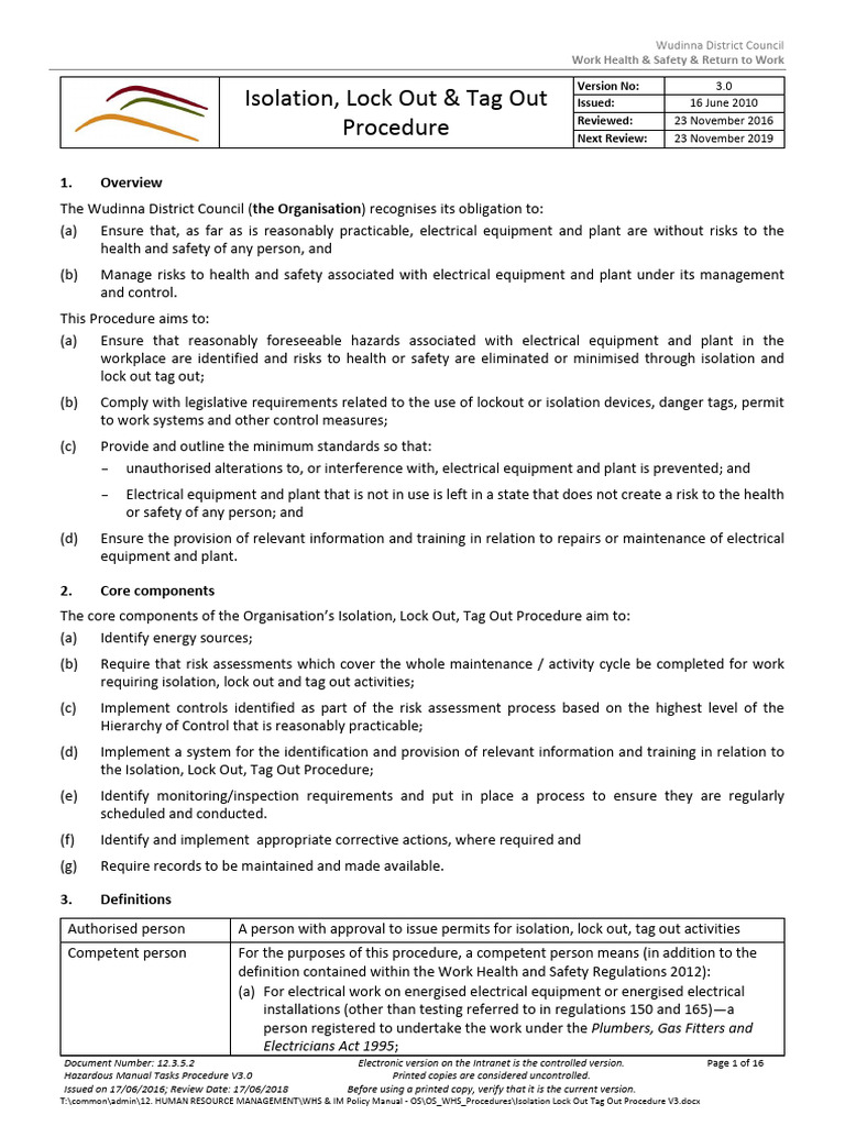 Isolation Lock Out Tag Out Procedure V3 | PDF