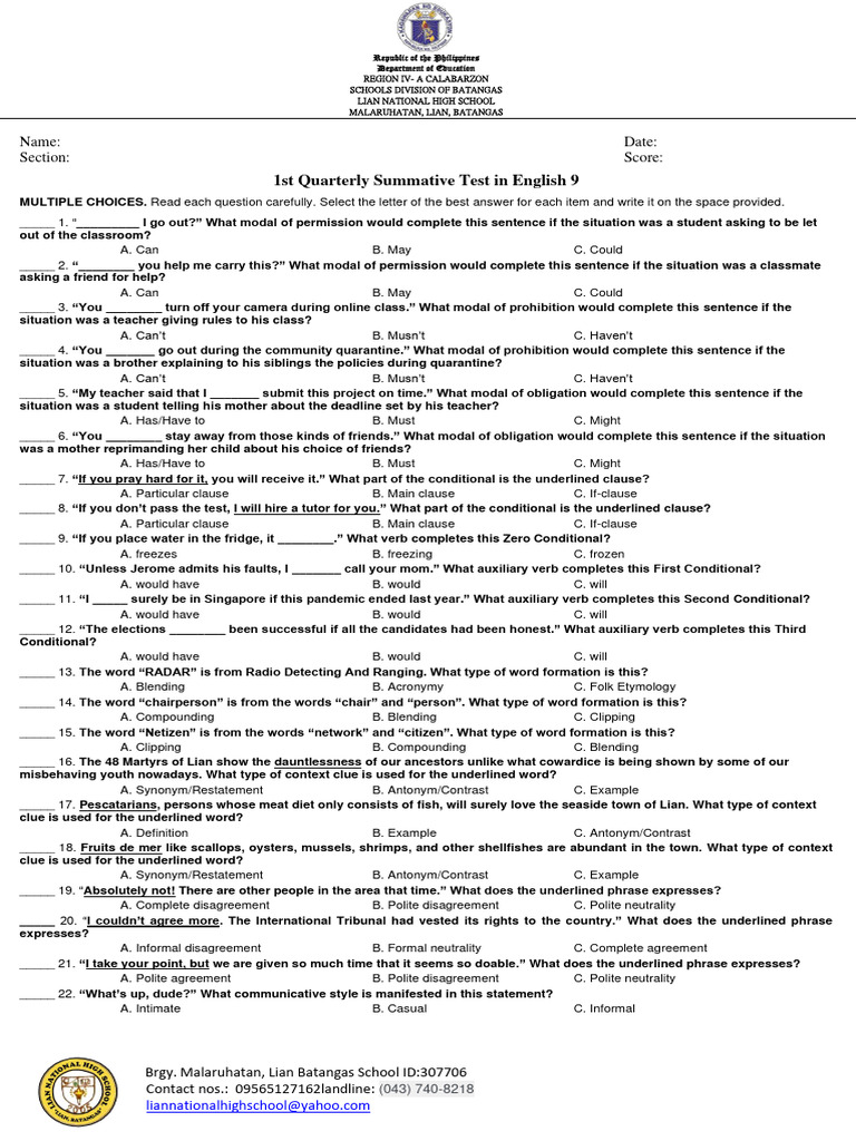 1st Quarterly Summative Test in English 9 | PDF | Linguistics