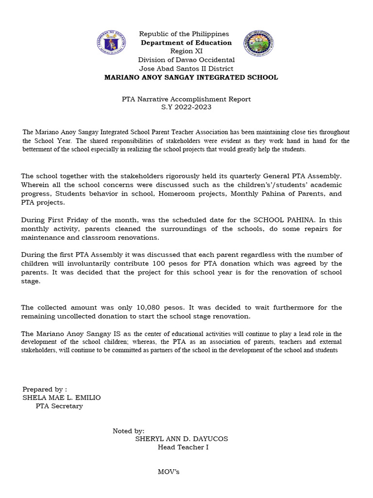 PTA Accompplishment Report | PDF