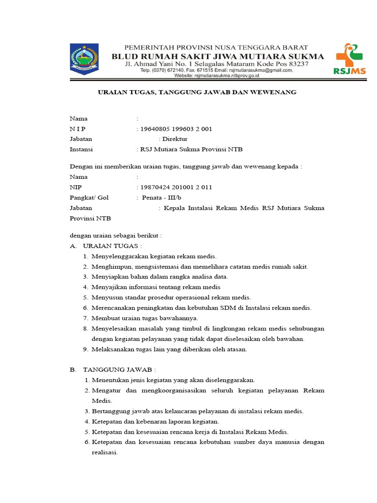 Format Uraian Tugas, Tanggungjawab, Dan Wewenang Kepala Instalasi Rekam ...